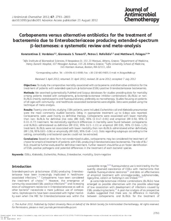 (PDF) Carbapenems versus alternative antibiotics for the treatment of bacteraemia due to ...