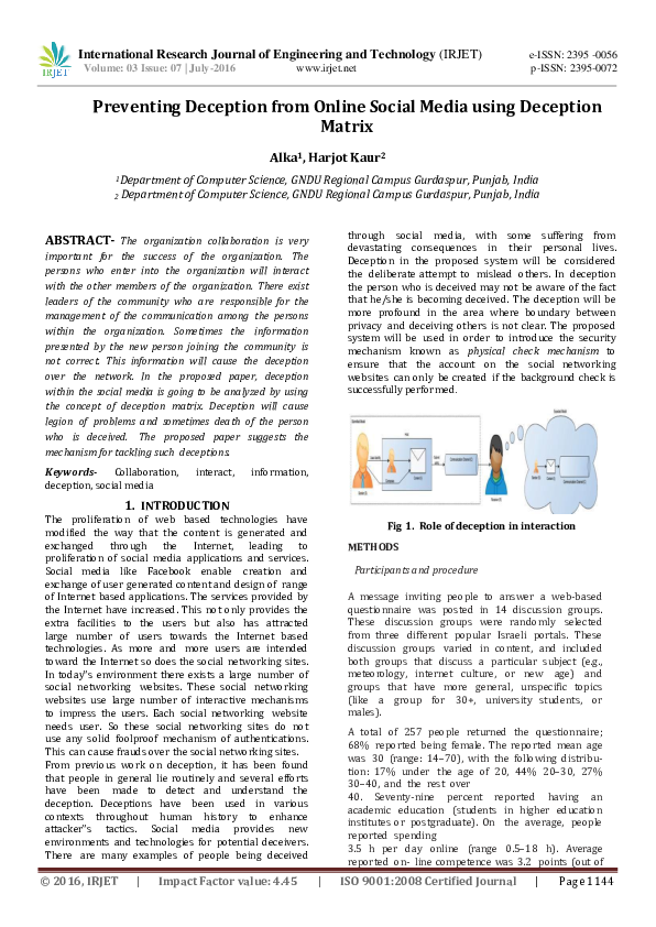 Pdf Preventing Deception From Online Social Media Using Deception Matrix