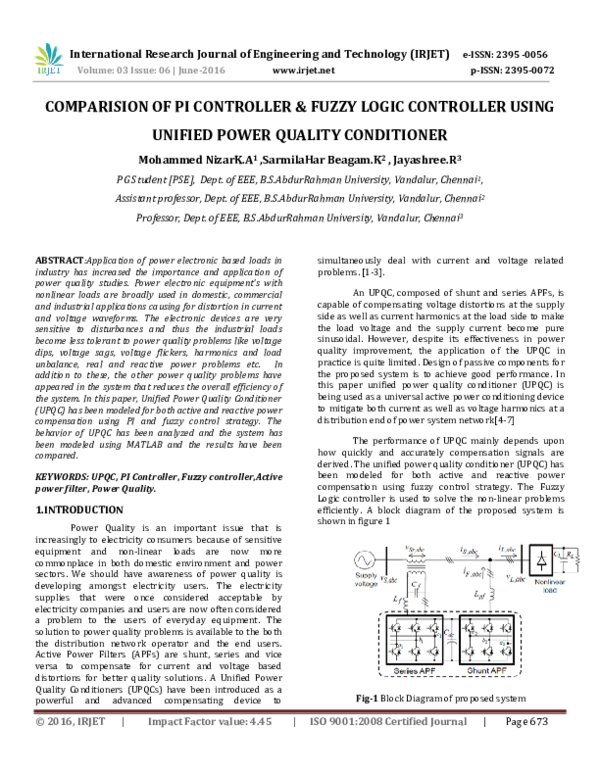 Pdf Comparision Of Pi Controller And Fuzzy Logic Controller Using Unified Power Quality Conditioner