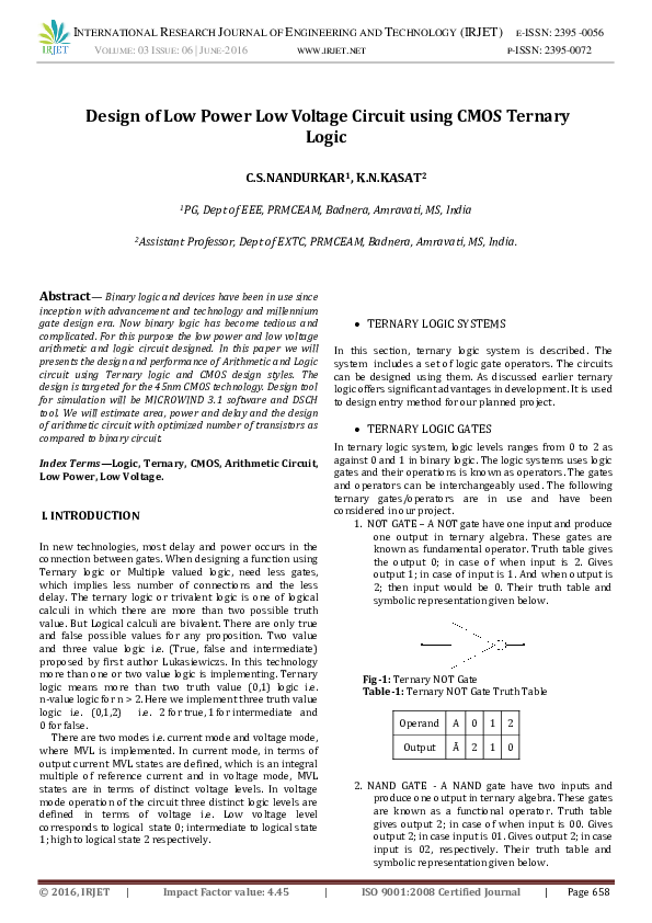 Pdf Design Of Low Power Low Voltage Circuit Using Cmos Ternary Logic