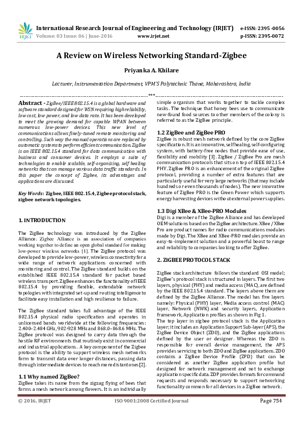 (PDF) A Review on Wireless Networking Standard-Zigbee