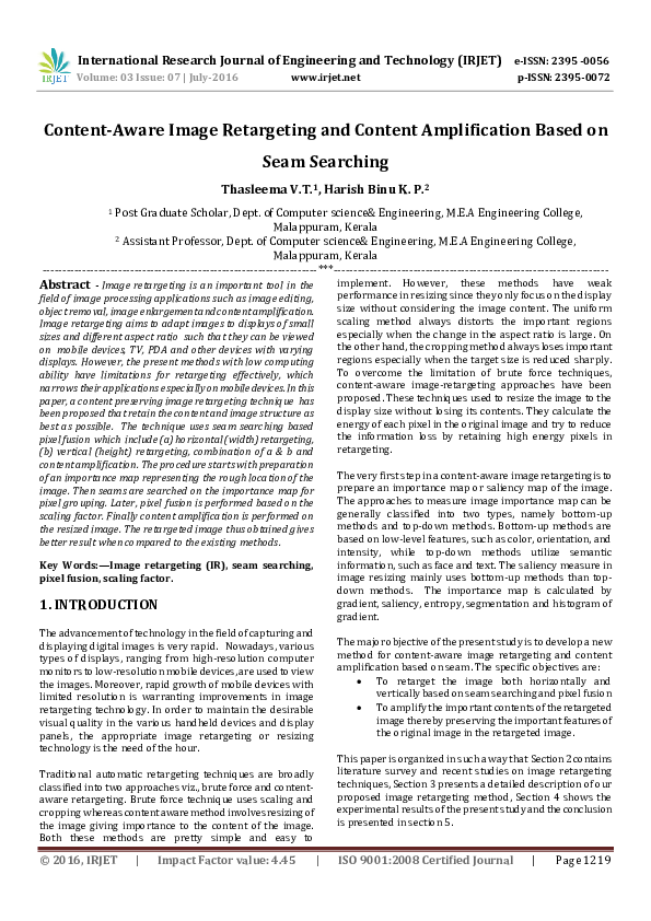 (PDF) Content-Aware Image Retargeting and Content Amplification Based on Seam Searching | IRJET ...