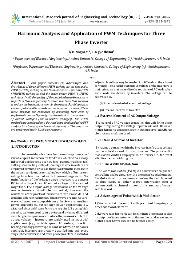 (PDF) Harmonic Analysis and Application of PWM Techniques for Three Phase Inverter