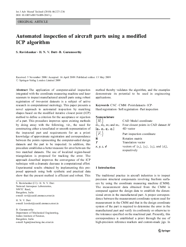 Pdf Automated Inspection Of Aircraft Parts Using A Modified Icp Algorithm