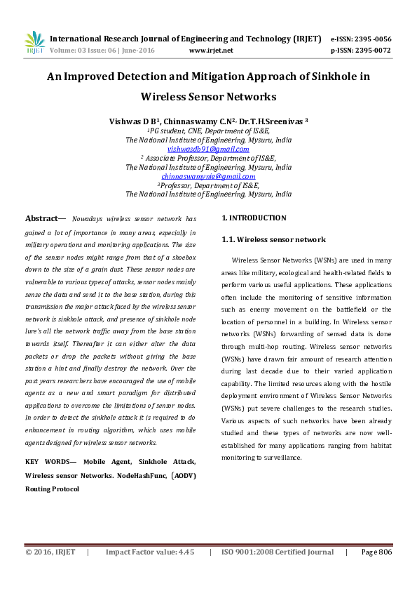 Pdf An Improved Detection And Mitigation Approach Of Sinkhole In