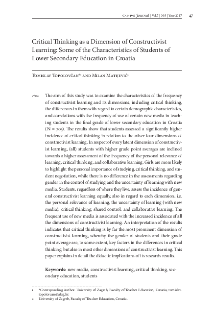 Pdf Critical Thinking As A Dimension Of Constructivist Learning Some Of The Characteristics