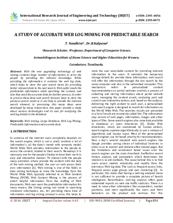 (PDF) A STUDY OF ACCURATE WEB LOG MINING FOR PREDICTABLE SEARCH | IRJET Journal - Academia.edu