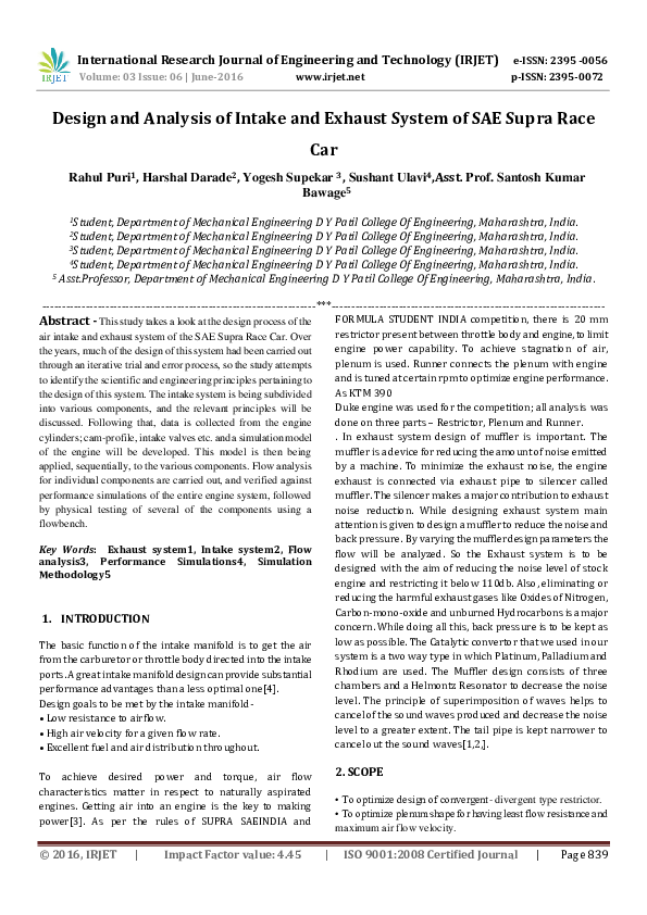 (PDF) Design and Analysis of Intake and Exhaust System of SAE Supra ...