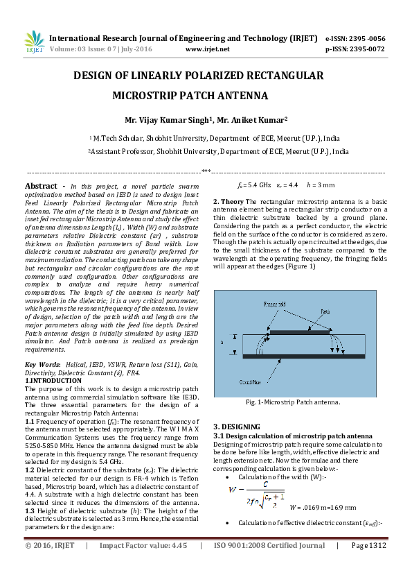 (PDF) DESIGN OF LINEARLY POLARIZED RECTANGULAR MICROSTRIP PATCH ANTENNA