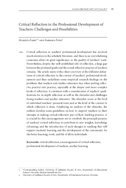 (PDF) Critical Reflection in the Professional Development of Teachers ...