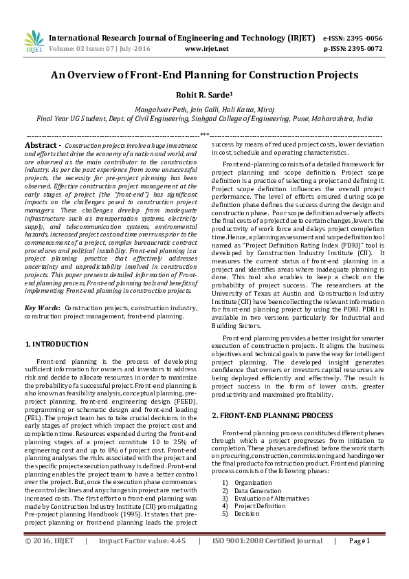 (PDF) An Overview of Front-End Planning for Construction Projects