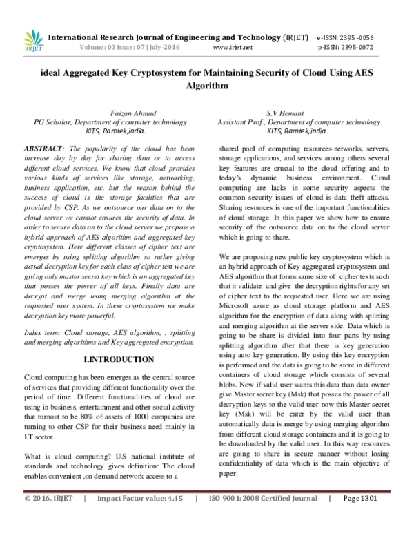 (PDF) ideal Aggregated Key Cryptosystem for Maintaining Security of Cloud Using AES Algorithm