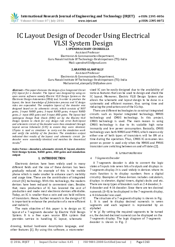 IC Layout Design of Decoder Using Electrical VLSI System Design