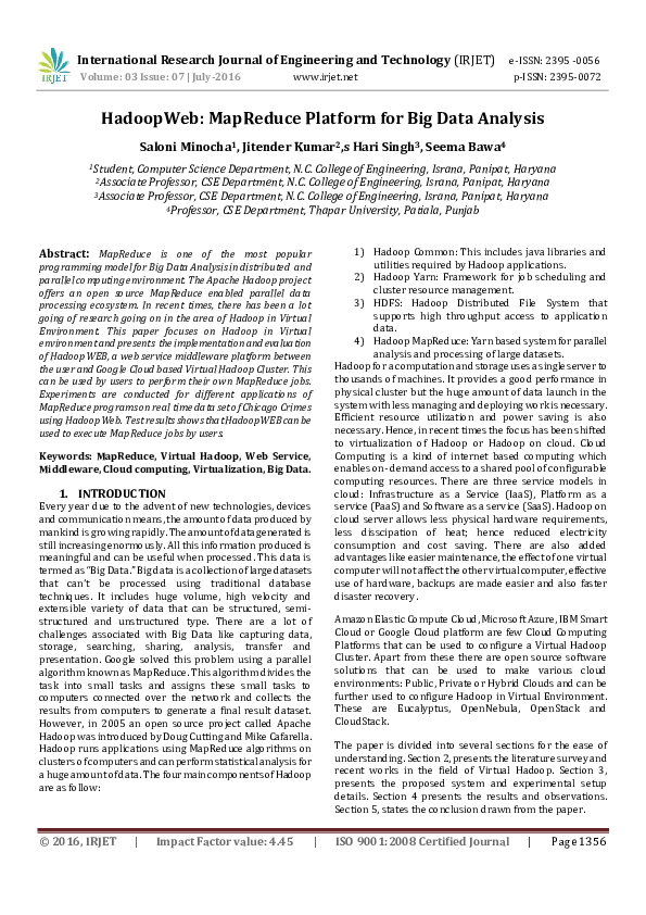 (PDF) HadoopWeb: MapReduce Platform for Big Data Analysis