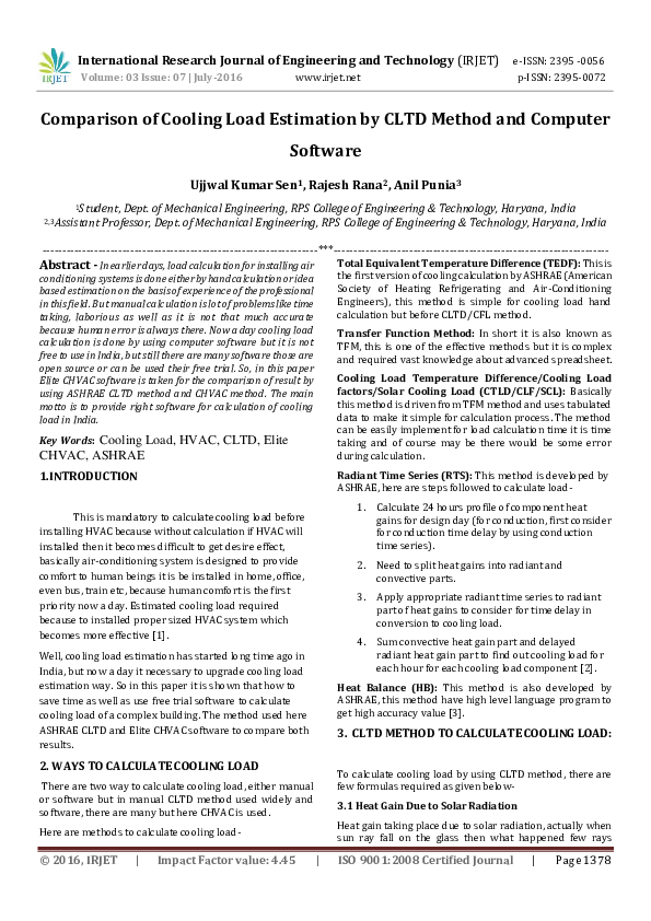 Pdf Comparison Of Cooling Load Estimation By Cltd Method And Computer