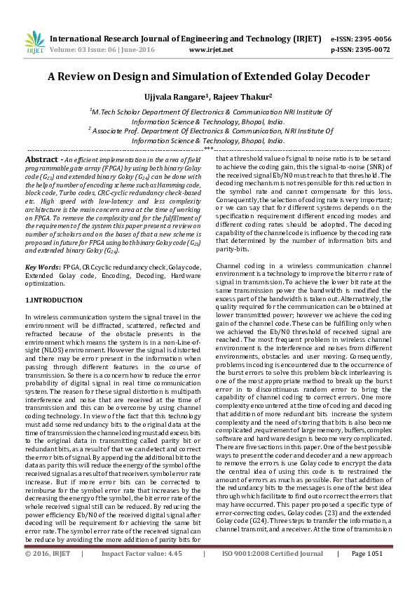 (PDF) A Review on Design and Simulation of Extended Golay Decoder | IRJET Journal - Academia.edu