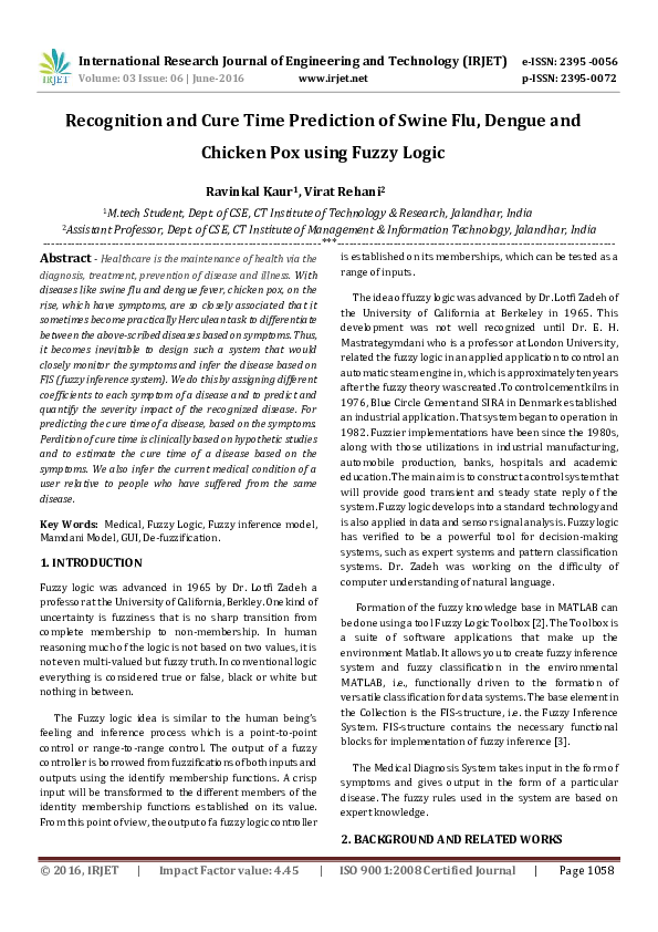 Pdf Recognition And Cure Time Prediction Of Swine Flu Dengue And Chicken Pox Using Fuzzy Logic