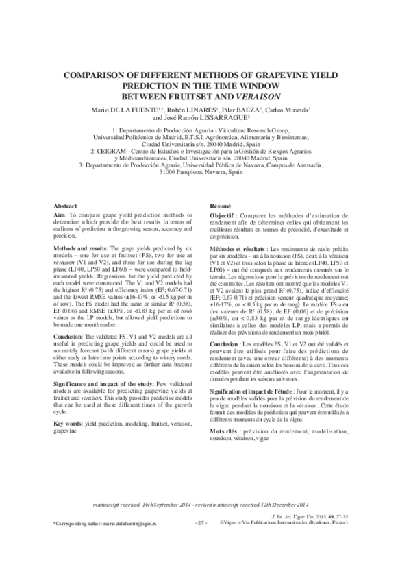 (PDF) COMPARISON OF DIFFERENT METHODS OF GRAPEVINE YIELD PREDICTION IN THE TIME WINDOW BETWEEN ...