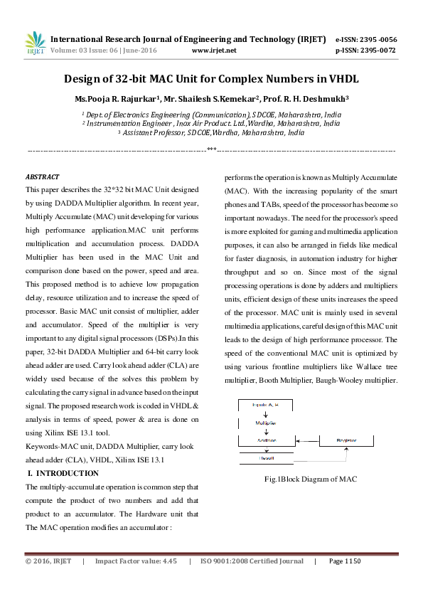 (PDF) Design of 32-bit MAC Unit for Complex Numbers in VHDL