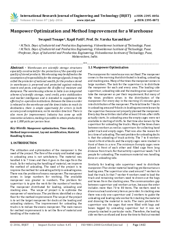 (PDF) Manpower Optimization and Method Improvement for a Warehouse