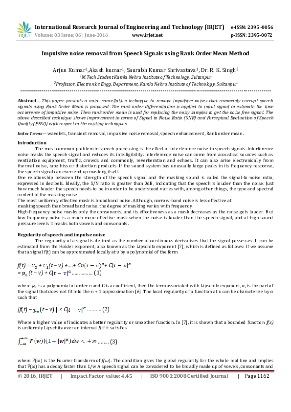 (PDF) Impulsive noise removal from Speech Signals using Rank Order Mean Method