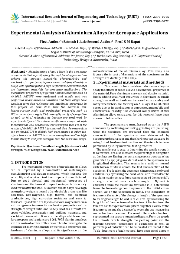 (PDF) Experimental Analysis of Aluminium Alloys for Aerospace Applications