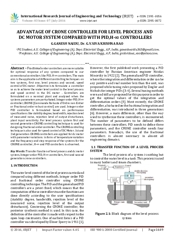 (PDF) ADVANTAGE OF CRONE CONTROLLER FOR LEVEL PROCESS AND DC MOTOR ...