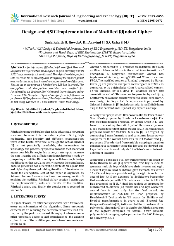 Pdf Design And Asic Implementation Of Modified Rijndael Cipher 