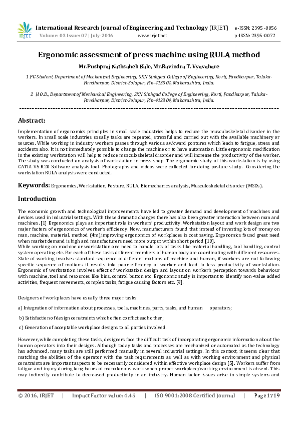 (PDF) Ergonomic assessment of press machine using RULA method