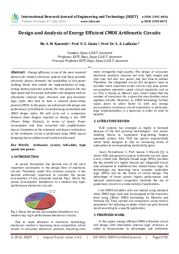 (PDF) Design and Analysis of Energy Efficient CMOS Arithmetic Circuits | IRJET Journal ...