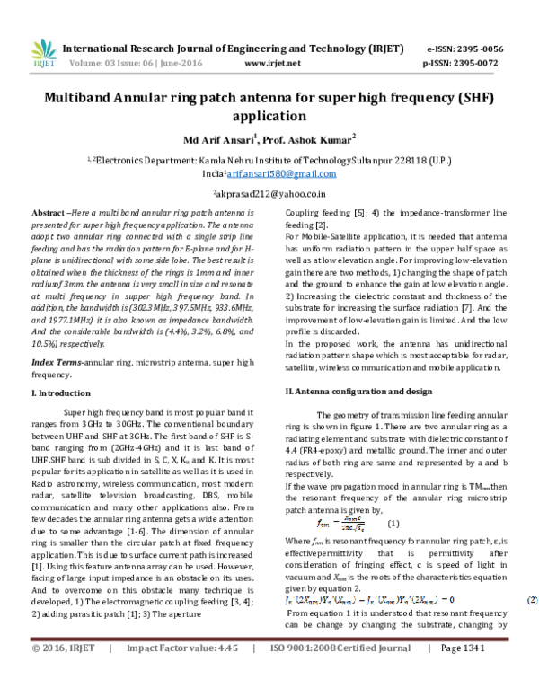 Pdf Multiband Annular Ring Patch Antenna For Super High Frequency