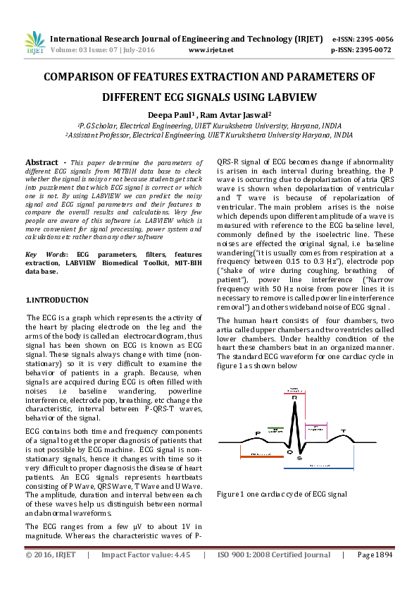 Pdf Comparison Of Features Extraction And Parameters Of Different Ecg Signals Using Labview
