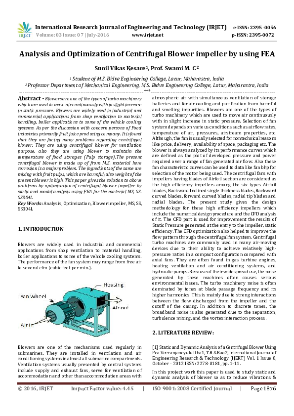 (PDF) Analysis and Optimization of Centrifugal Blower impeller by using FEA