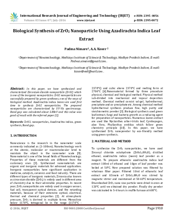 (PDF) Biological Synthesis of ZrO2 Nanoparticle Using Azadirachta Indica Leaf Extract