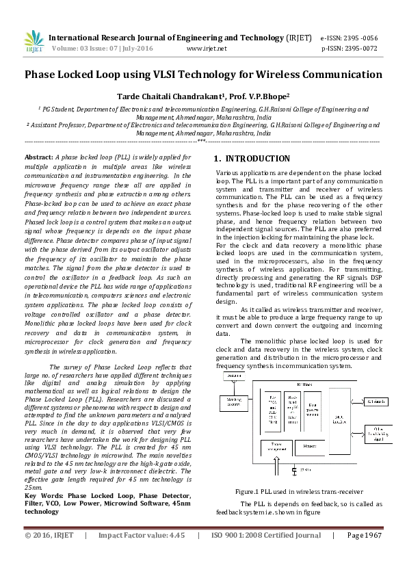 Pdf Phase Locked Loop Using Vlsi Technology For Wireless Communication