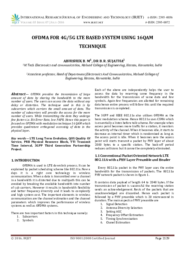 (PDF) OFDMA for 4G/5G LTE Based System Using 16QAM Technique | IRJET Journal - Academia.edu