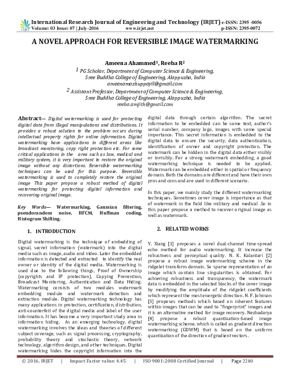 (PDF) A NOVEL APPROACH FOR REVERSIBLE IMAGE WATERMARKING