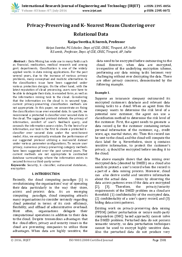 Pdf Privacy Preserving And K Nearest Means Clustering Over Relational Data