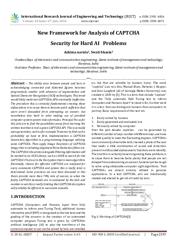 (PDF) New Framework for Analysis of CAPTCHA Security for Hard AI Problems | IRJET Journal ...