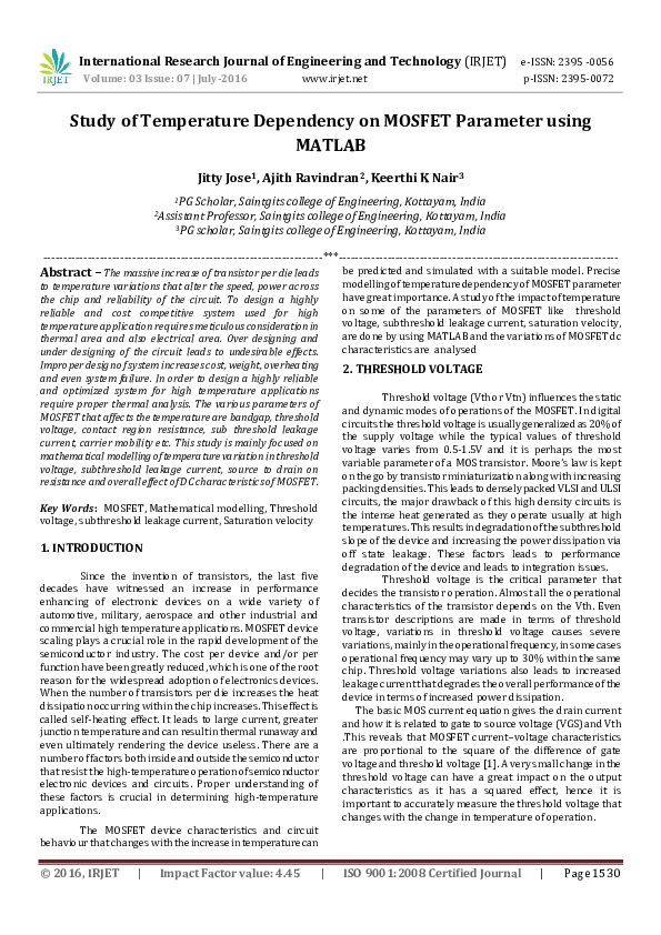 (PDF) Study of Temperature Dependency on MOSFET Parameter using MATLAB