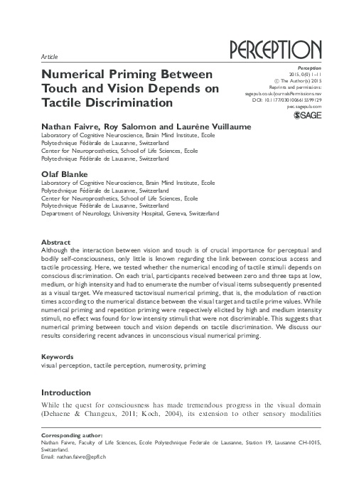 (PDF) Numerical Priming Between Touch and Vision Depends on Tactile ...