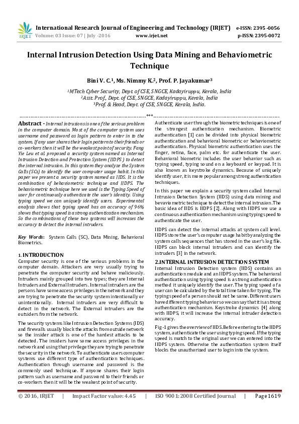 Pdf Internal Intrusion Detection Using Data Mining And Behaviometric Technique