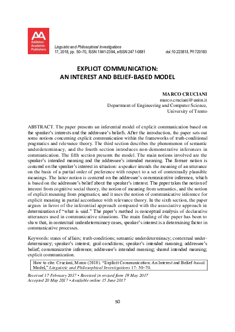 (PDF) Explicit Communication: an Interest and Belief-Based Model (2018)