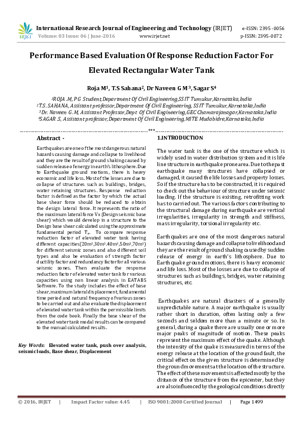 Pdf Performance Based Evaluation Of Response Reduction Factor For Elevated Rectangular Water Tank