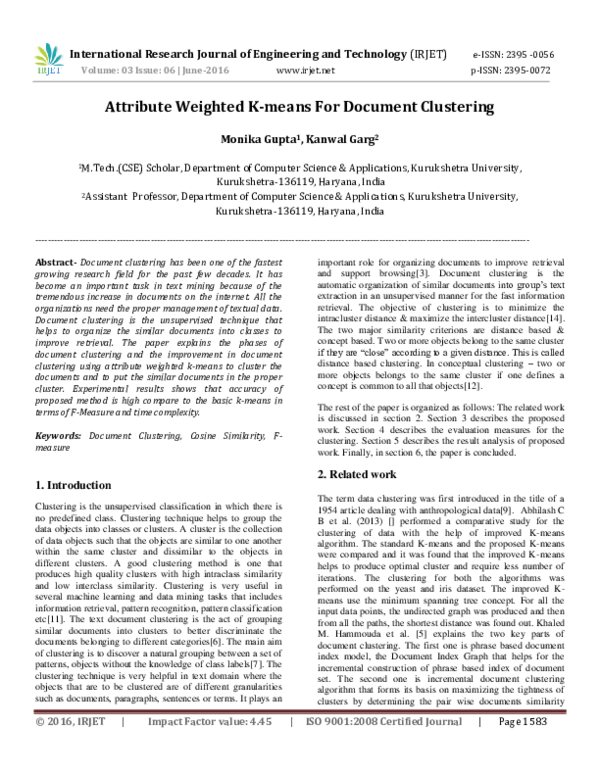 (PDF) Attribute Weighted K-means For Document Clustering