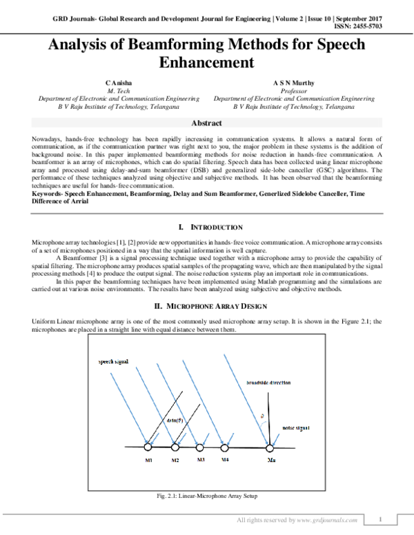 (PDF) Analysis of Beamforming Methods for Speech Enhancement