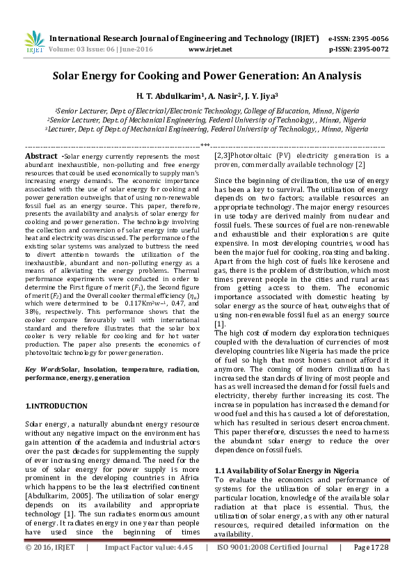 (PDF) Solar Energy for Cooking and Power Generation: An Analysis