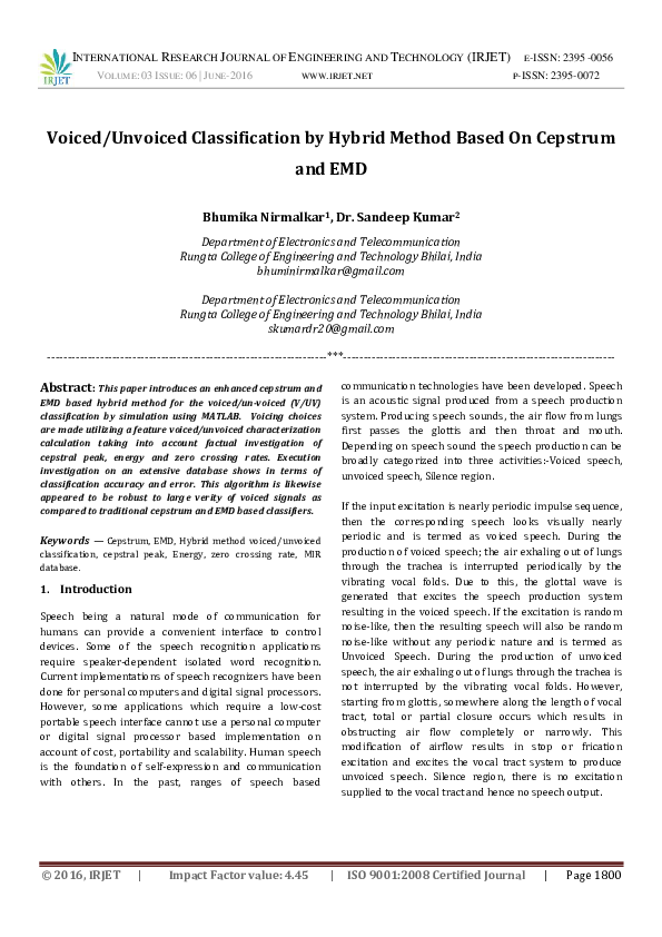 (PDF) Voiced/Unvoiced Classification by Hybrid Method Based On Cepstrum and EMD