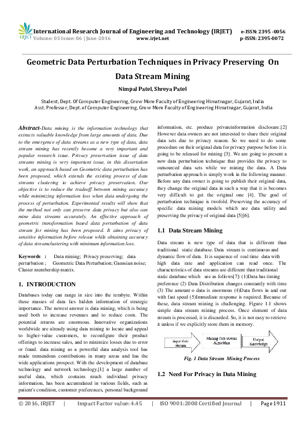 (PDF) Geometric Data Perturbation Techniques in Privacy Preserving On Data Stream Mining