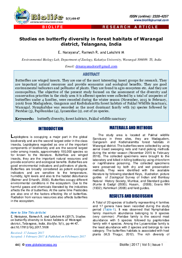 (PDF) Studies on butterfly diversity in forest habitats of Warangal ...
